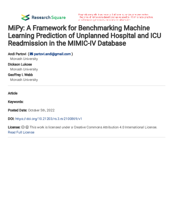 (PDF) MiPy: A Framework for Benchmarking Machine Learning Prediction of Unplanned Hospital and ...