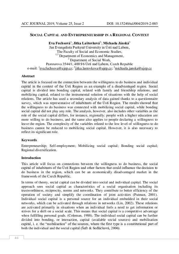 (PDF) Social capital and entrepreneurship in a regional context