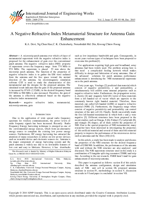 (PDF) A Negative Refractive Index Metamaterial Structure for Antenna Gain Enhancement
