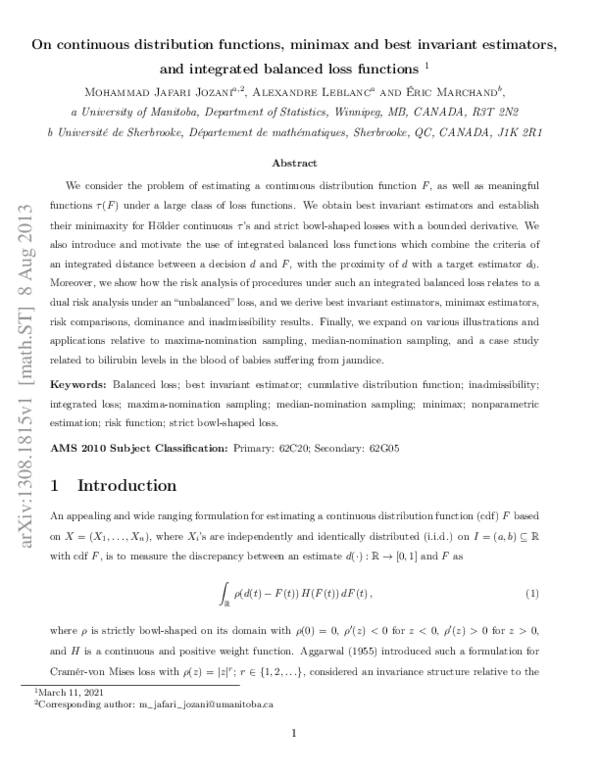 (PDF) On continuous distribution functions, minimax and best invariant estimators, and ...