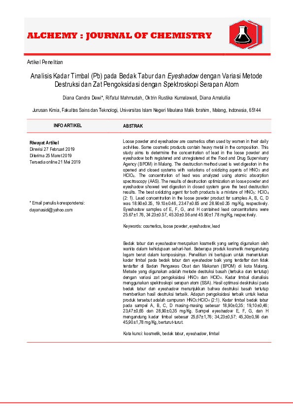 (PDF) Analisis Kadar Timbal (Pb) pada Bedak Tabur dan Eyeshadow dengan ...