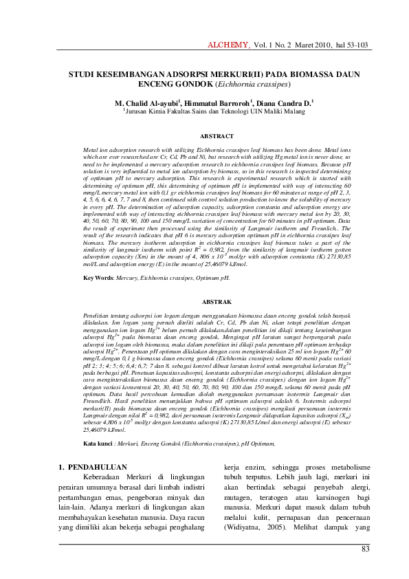 (PDF) STUDI KESEIMBANGAN ADSORPSI MERKURI(II) PADA BIOMASSA DAUN ENCENG ...