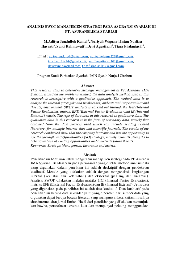 (PDF) ANALISIS SWOT MANAJEMEN STRATEGI PADA ASURANSI SYARIAH DI PT ...