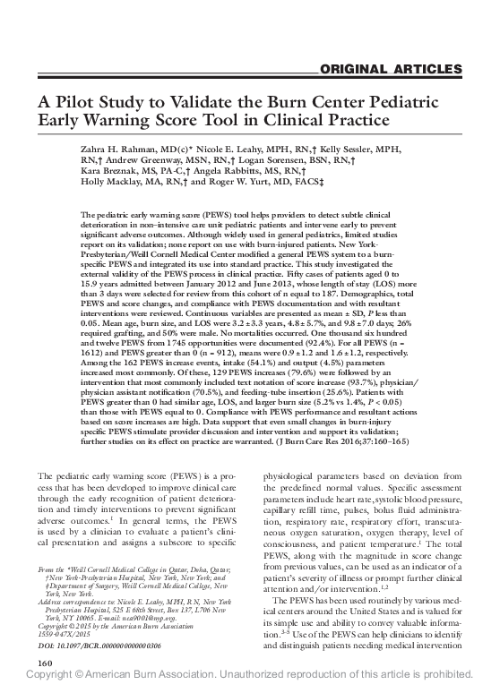 (PDF) A Pilot Study to Validate the Burn Center Pediatric Early Warning ...