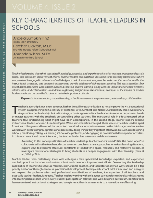 (PDF) Key Characteristics of Teacher Leaders in Schools