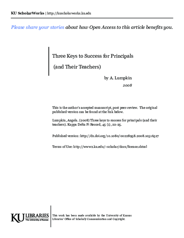 (PDF) Three Keys to Success for Principals (and Their Teachers)