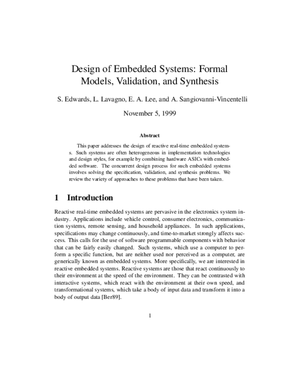 (PDF) Design of embedded systems: formal models, validation, and synthesis