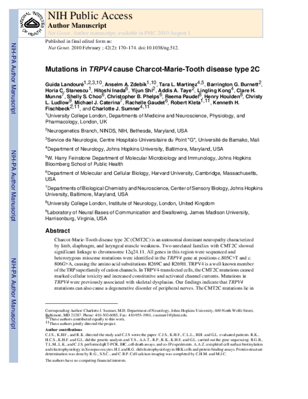 (PDF) Mutations in TRPV4 cause Charcot-Marie-Tooth disease type 2C