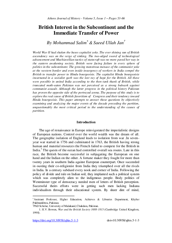 (PDF) British Interest in the Subcontinent and the Immediate Transfer ...