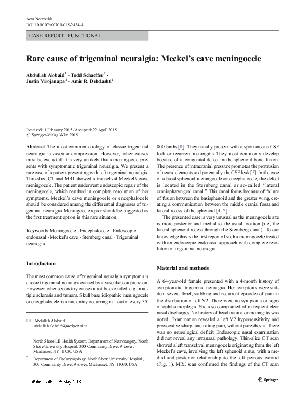 (PDF) Rare cause of trigeminal neuralgia: Meckel’s cave meningocele | B ...