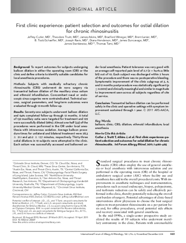 (PDF) First clinic experience: patient selection and outcomes for ...