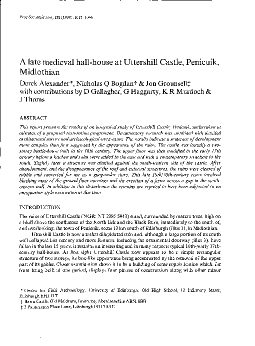 (PDF) A late medieval hall-house at Uttershill Castle, Penicuik, Midlothian