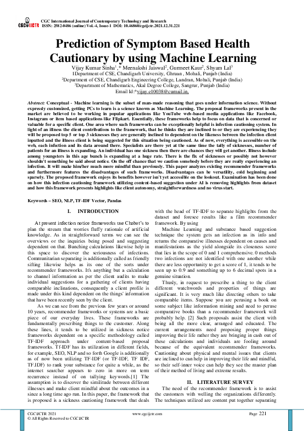 (PDF) Prediction of Symptom Based Health Cautionary by using Machine ...