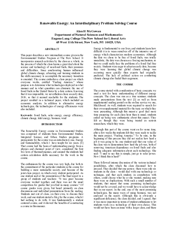 (PDF) Renewable Energy: An Interdisciplinary Problem Solving Course