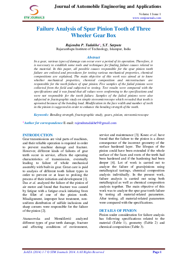(PDF) Failure Analysis of Spur Pinion Tooth of Three Wheeler Gear Box