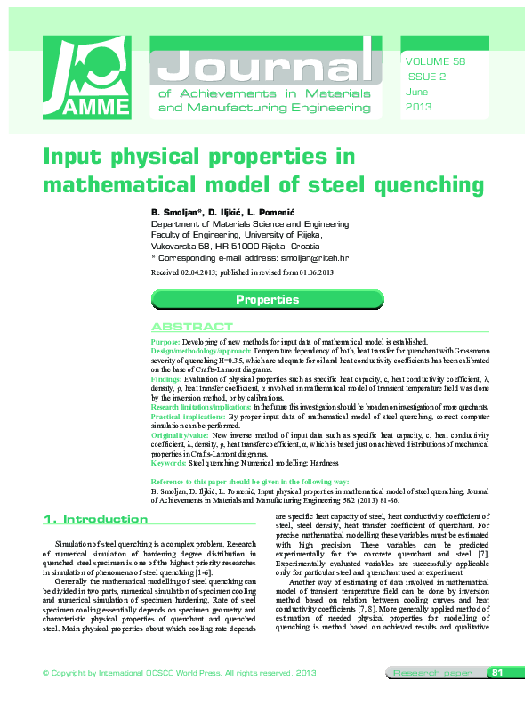 (PDF) Input physical properties in mathematical model of steel quenching