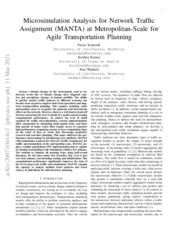 (PDF) Microsimulation Analysis for Network Traffic Assignment (MANTA) at Metropolitan-Scale for ...