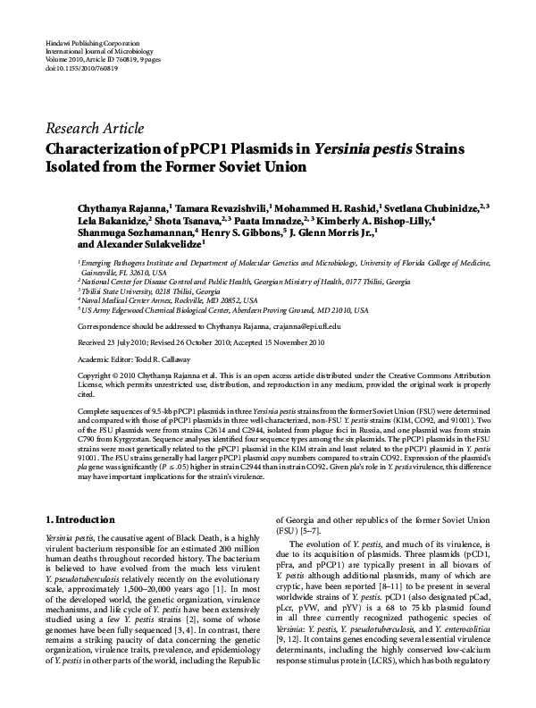 (PDF) Characterization of pPCP1 Plasmids in Yersinia pestis Strains Isolated from the Former ...