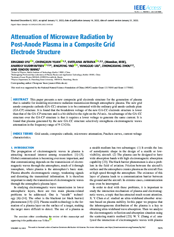 (PDF) Attenuation of Microwave Radiation by Post-Anode Plasma in a ...