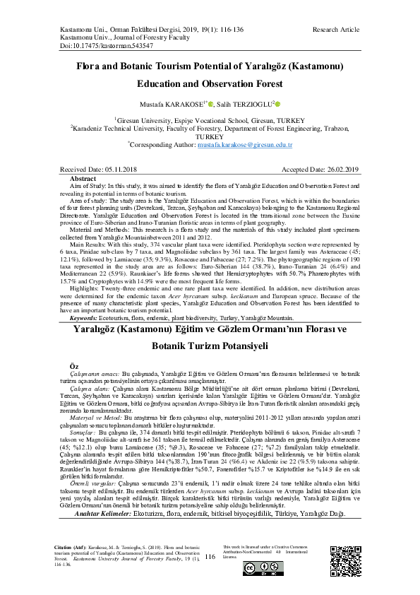 (PDF) Yaralıgöz (Kastamonu) Eğitim ve Gözlem Ormanı’nın Florası ve ...
