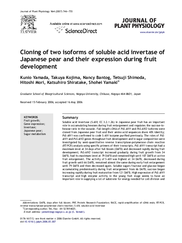 (PDF) Cloning of two isoforms of soluble acid invertase of Japanese ...