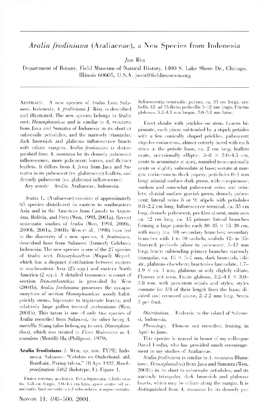 (PDF) Aralia frodiniana (Araliaceae), a New Species from Indonesia