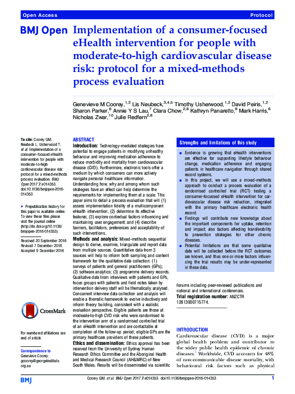 (PDF) Implementation of a consumer-focused eHealth intervention for people with moderate-to-high ...