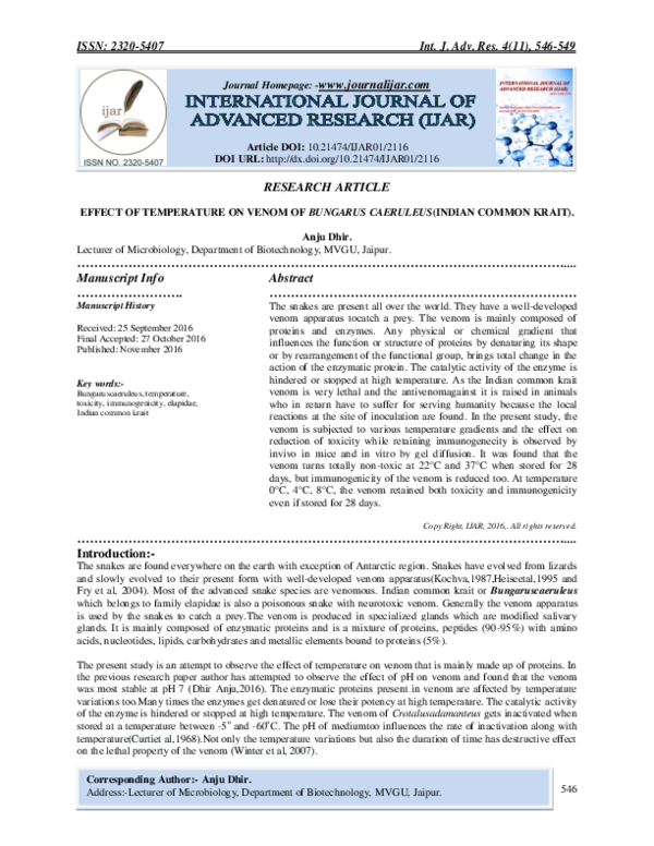 (PDF) Effect of Temperature on Venom of Bungarus Caeruleus(Indian ...