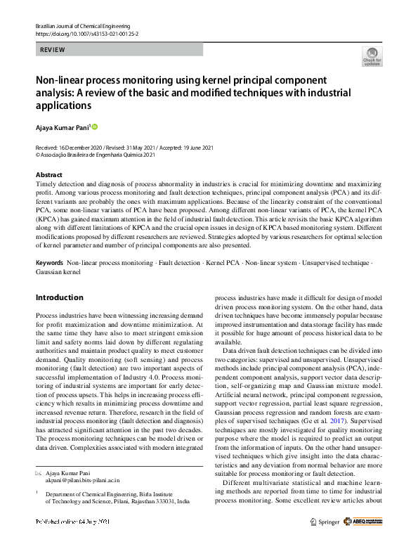 Pdf Non Linear Process Monitoring Using Kernel Principal Component Analysis A Review Of The