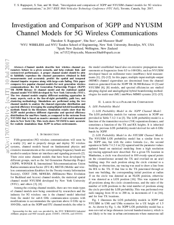 (PDF) Investigation and Comparison of 3GPP and NYUSIM Channel Models ...