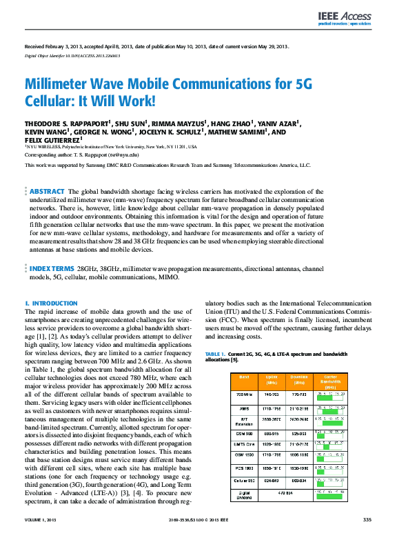 (PDF) Millimeter Wave Mobile Communications for 5G Cellular: It Will Work!