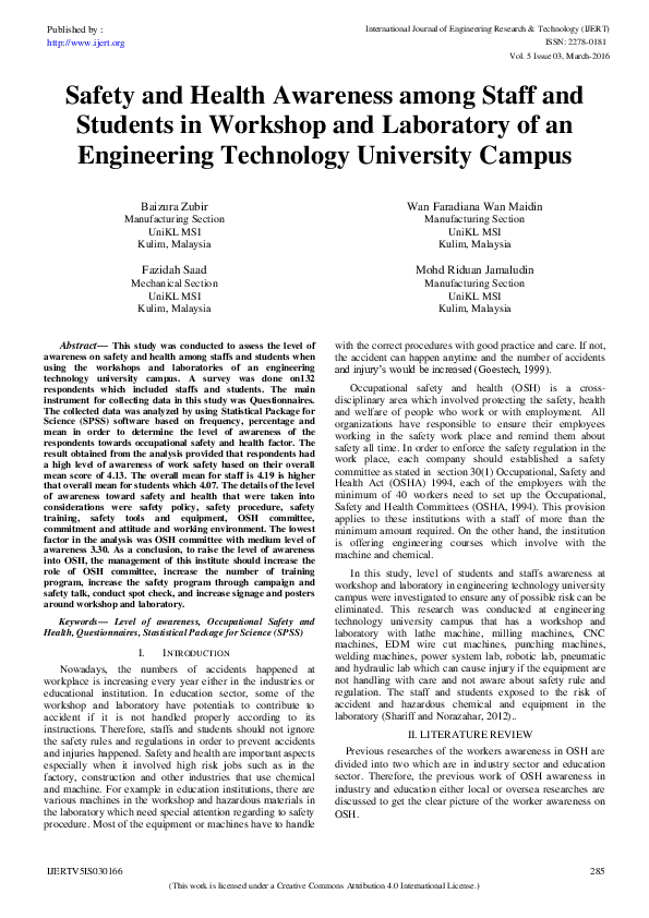 (PDF) Safety and Health Awareness among Staff and Students in Workshop ...