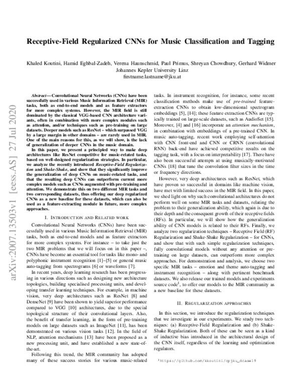 (PDF) Receptive-Field Regularized CNNs for Music Classification and Tagging