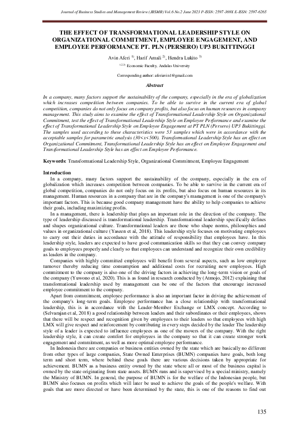 (PDF) Effect of Transformational Leadership Style on Organizational Commitment, Employee ...