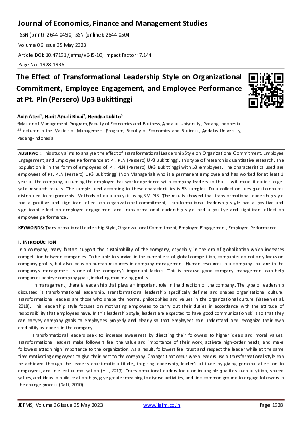 (PDF) The Effect of Transformational Leadership Style on Organizational Commitment, Employee ...