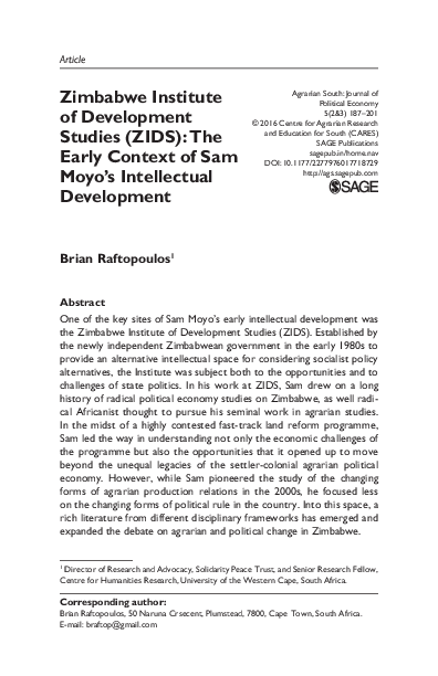 (PDF) Zimbabwe Institute of Development Studies (ZIDS): The Early ...