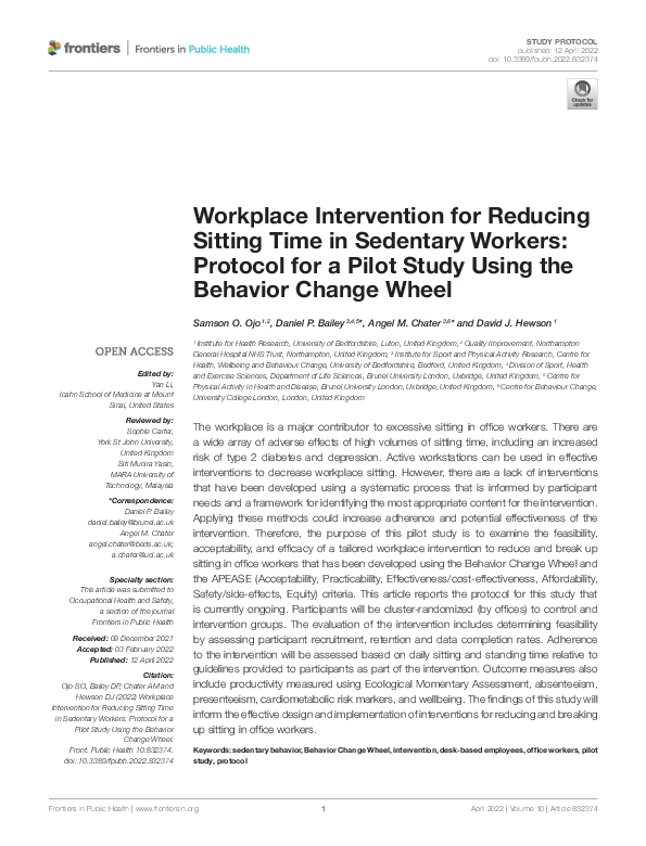 (PDF) Workplace Intervention for Reducing Sitting Time in Sedentary ...