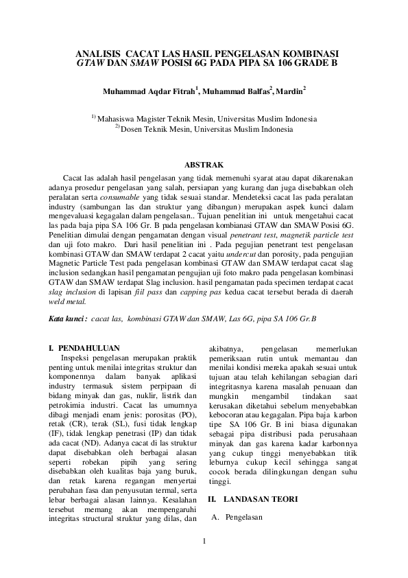 (PDF) Analisis Cacat Las Hasil Pengelasan Kombinasi Gtaw Dan Smaw ...