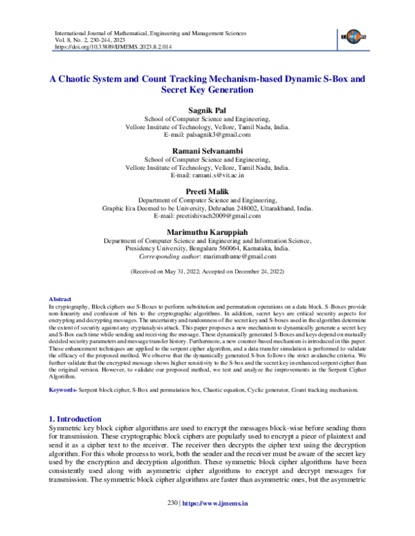 (PDF) A Chaotic System and Count Tracking Mechanism-based Dynamic S-Box ...
