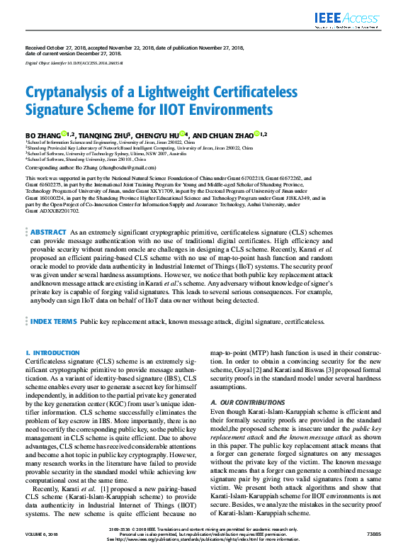(PDF) Provably Secure and Lightweight Certificateless Signature Scheme for IIoT Environments