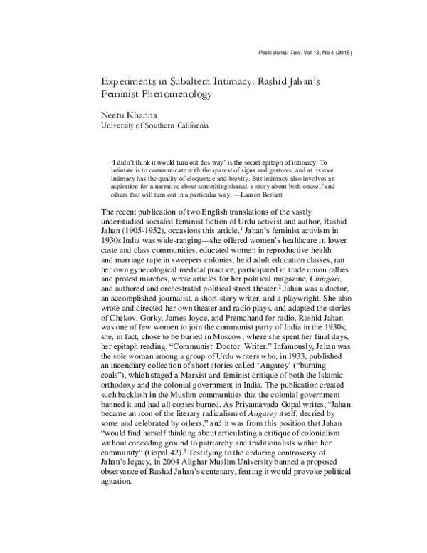 (PDF) Three Experiments in Subaltern Intimacy | Neetu Khanna - Academia.edu