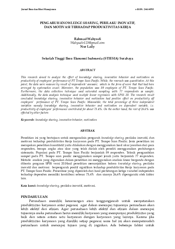 (PDF) Pengaruh Knowledge Sharing, Perilaku Inovatif, Dan Motivasi Terhadap Produktivitas Kerja
