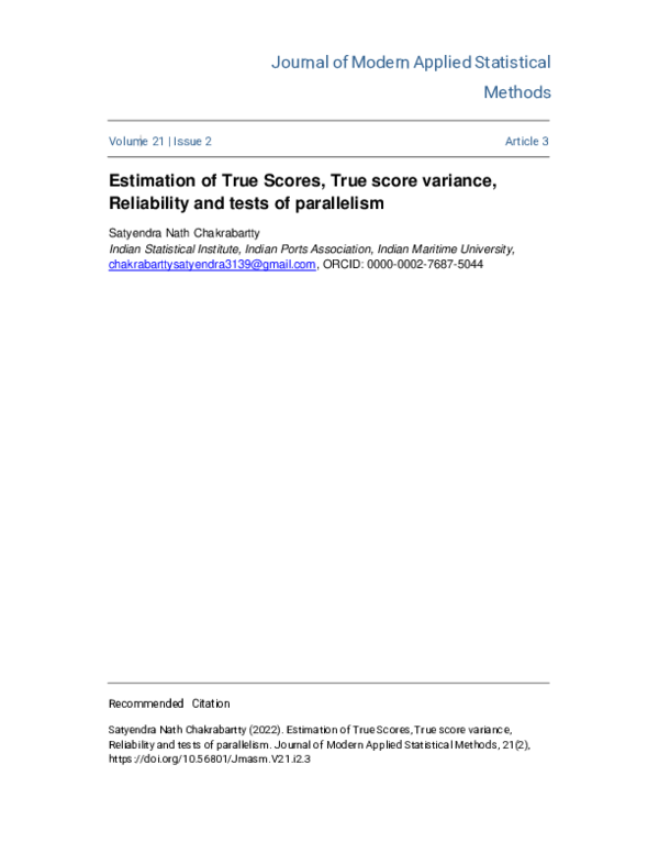 Pdf Estimation Of True Scores True Score Variance Reliability And Tests Of Parallelism