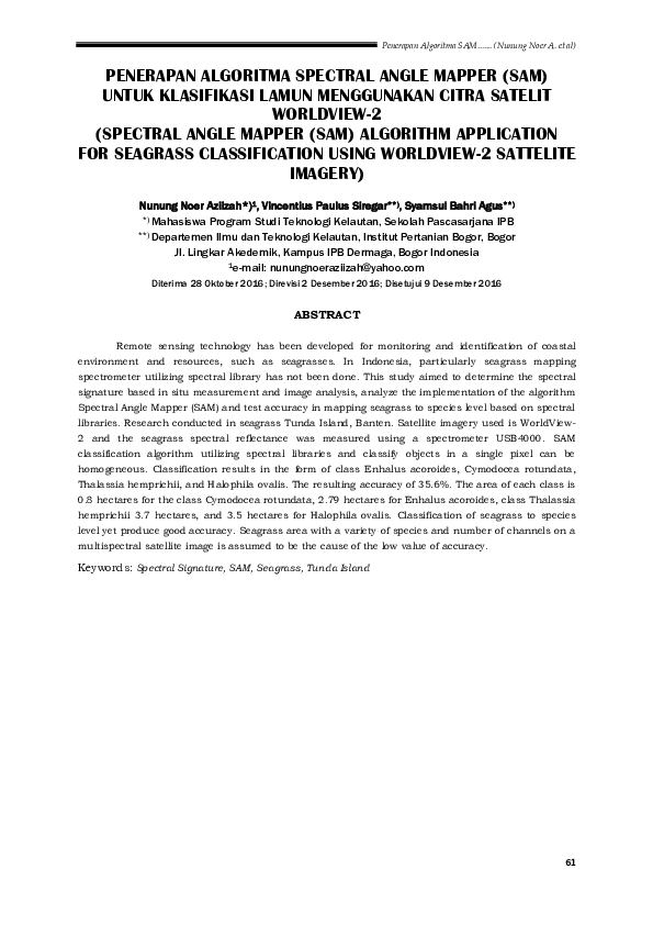 (PDF) Penerapan Algoritma Spectral Angle Mapper (Sam) Untuk Klasifikasi ...
