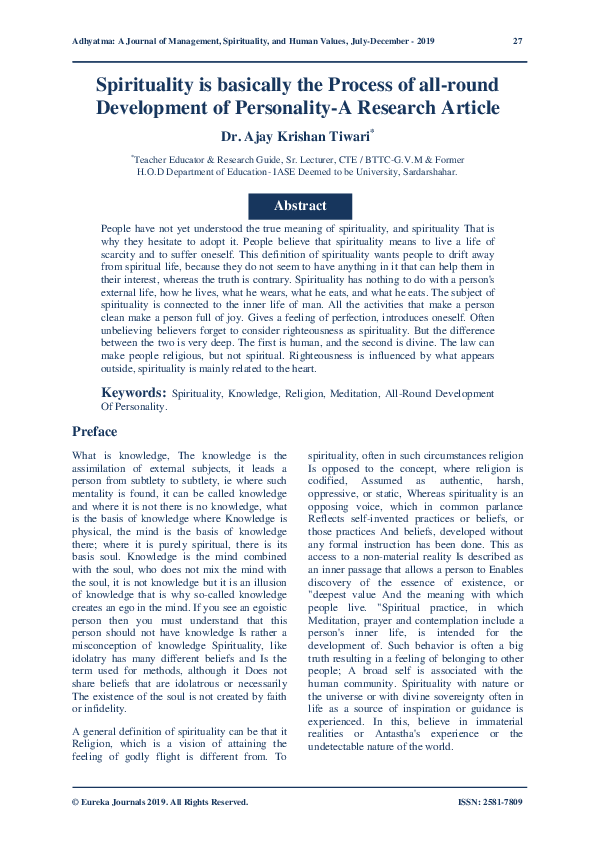 (PDF) Spirituality is basically the Process of all-round Development of ...