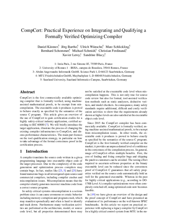 (PDF) CompCert: Practical Experience on Integrating and Qualifying a Formally Verified ...