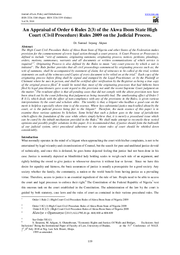 (PDF) An Appraisal of Order 6 Rules 2(3) of the Akwa Ibom State High ...