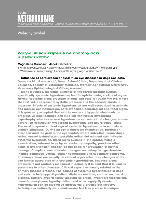 (PDF) Wp∏yw uk∏adu krà˝enia na choroby oczu u psów i kotów Influence of cardiovascular system on ...