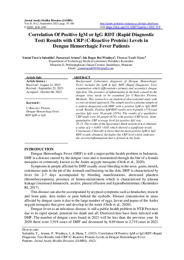(PDF) Correlation Of Positive IgM or IgG RDT (Rapid Diagnostic Test ...