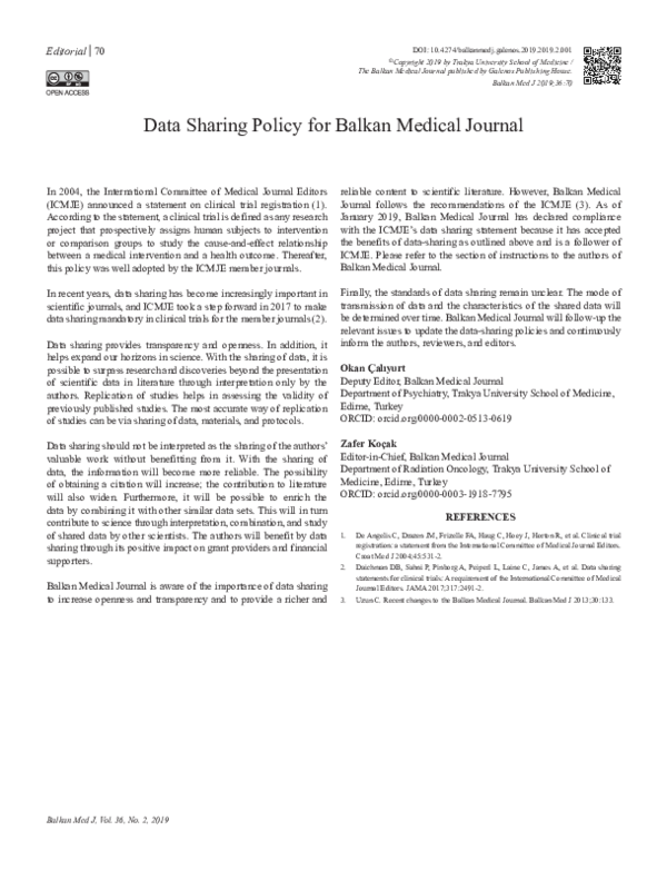 (PDF) Data Sharing Policy for Balkan Medical Journal